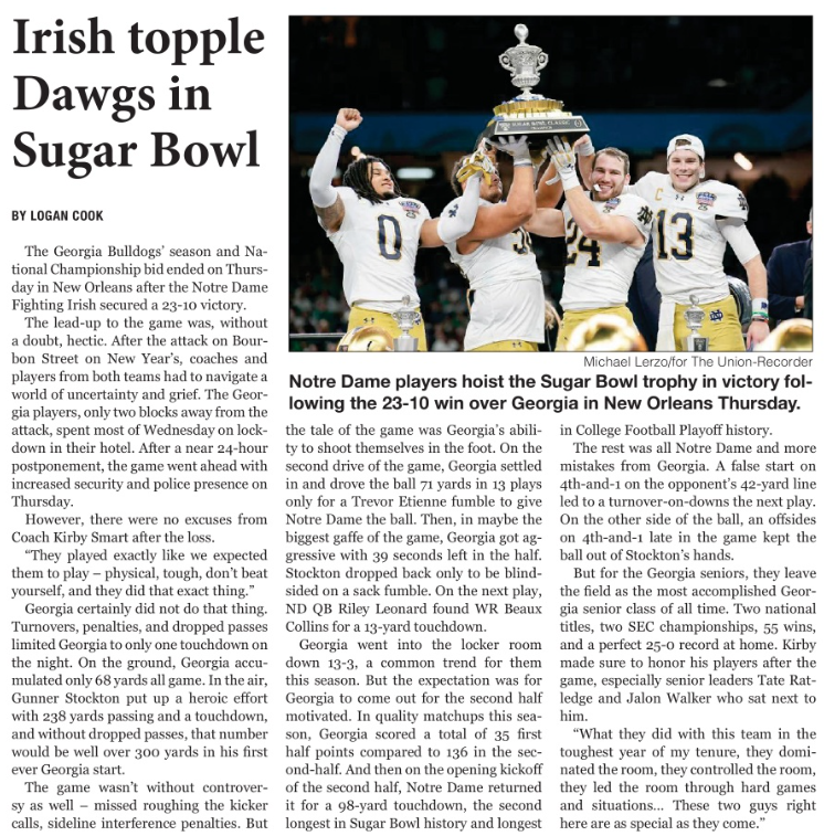 Sugar Bowl Game Recap: Notre Dame Topples Georgia – Logan Cook Sports
